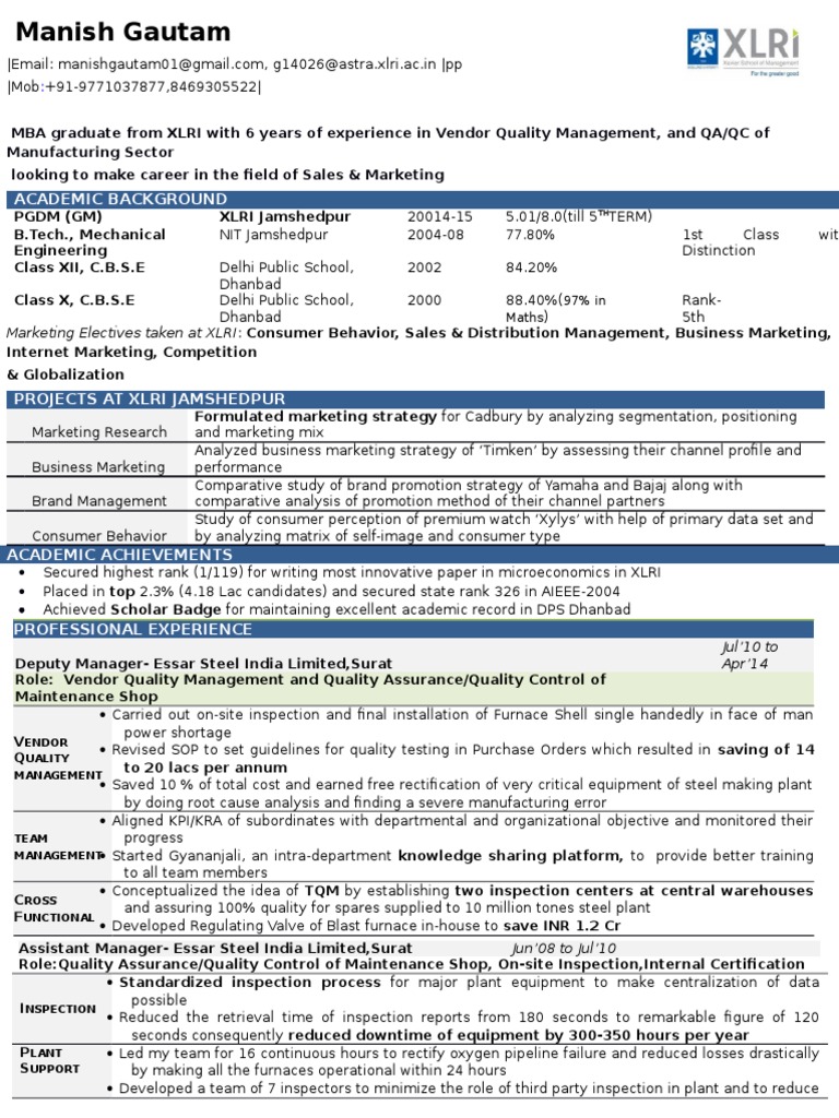 XLRI Manish Gautam Resume | Quality Assurance | Marketing