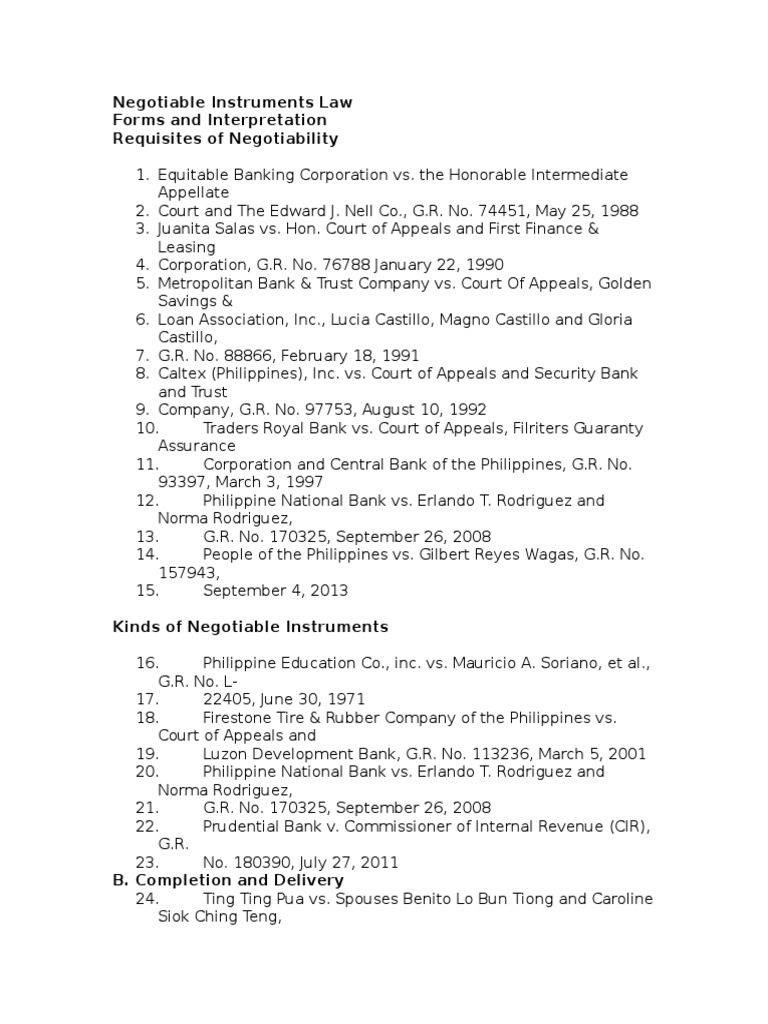 Case List Negotiable Instruments Law | PDF | Banking | Banks