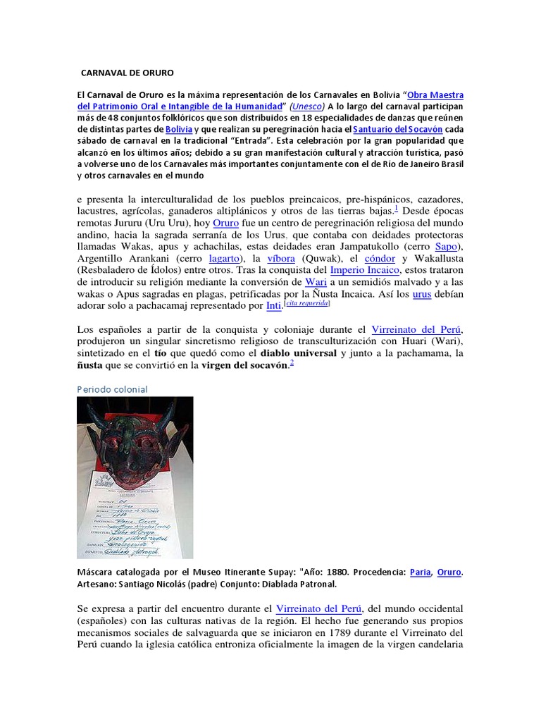 Importancia del Carnaval de Oruro | PDF | Cultura (general) | Religión ...