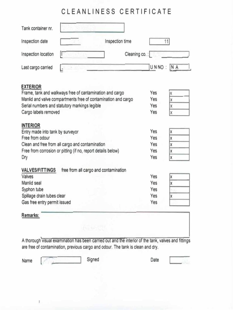 Certificate of Cleansiness For ISO LPG Example | PDF | Home & Garden