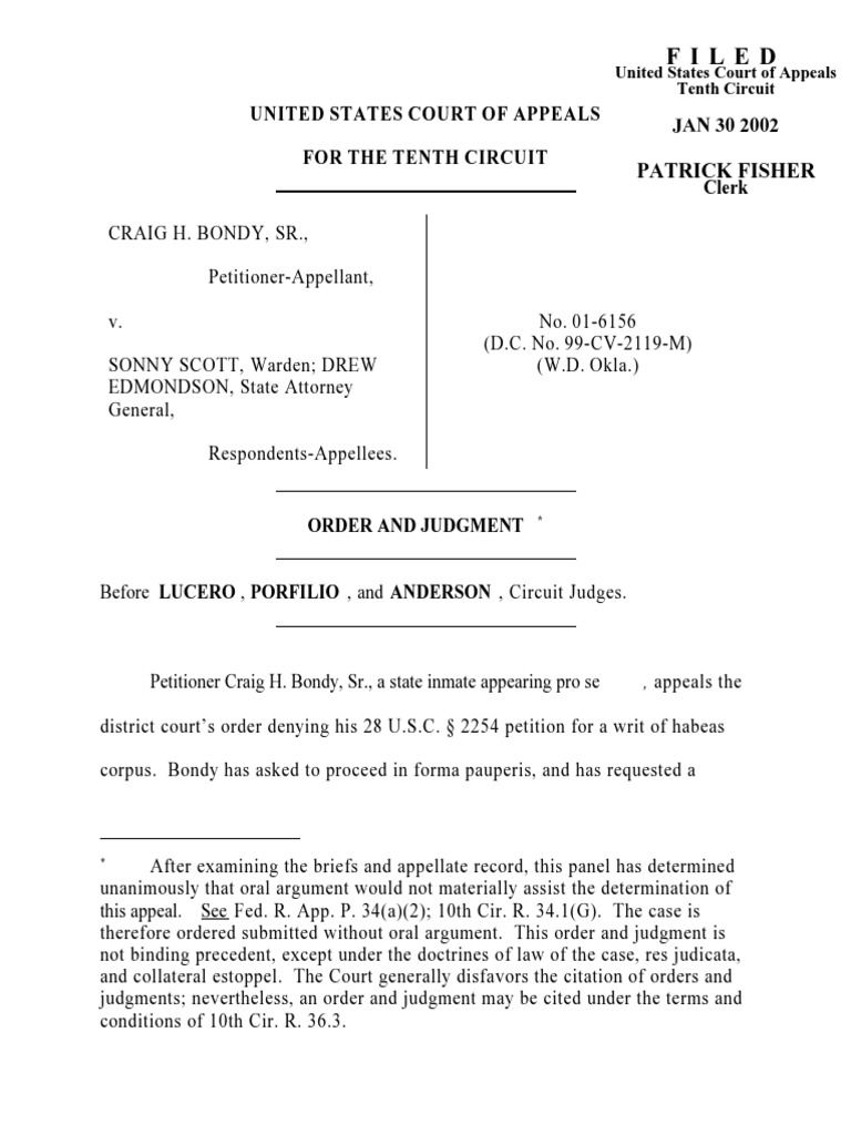 Tenth Circuit Denies Bondy Habeas Appeal | PDF | Appeal | Habeas Corpus