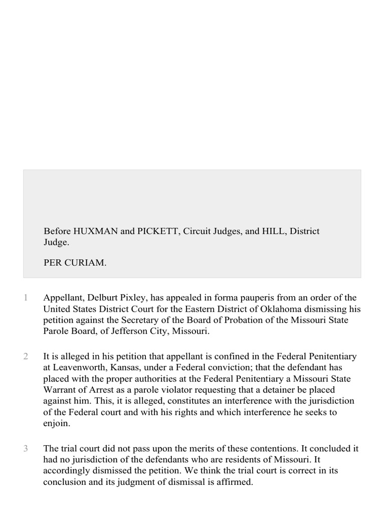 Delburt Pixley v. The Secretary, Board of Probation and Parole, Jefferson City, Missouri, 232 F ...