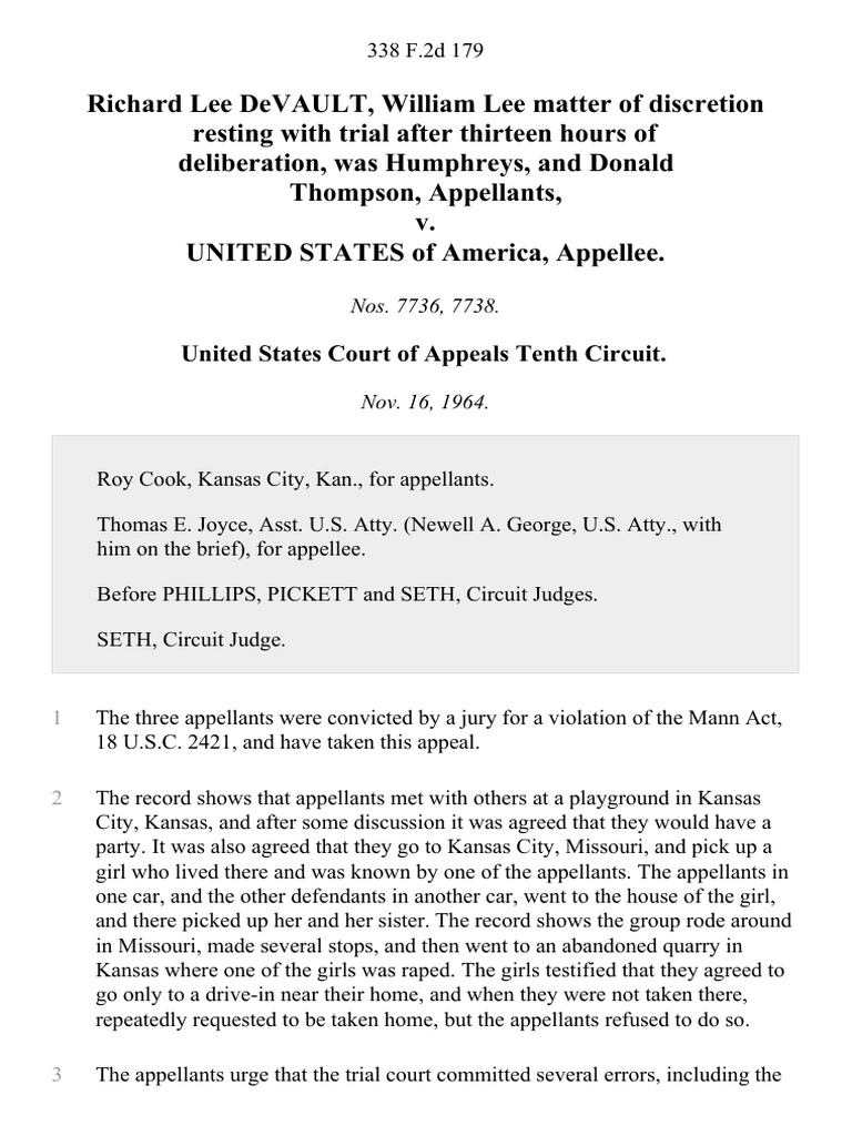 Richard Lee Devault, William Lee Matter of Discretion Resting With Trial After Thirteen Hours of ...