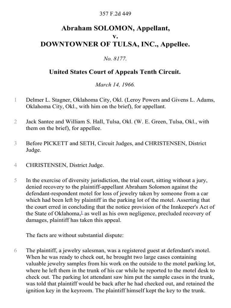 Solomon v. Downtowner: Jewelry Loss Appeal | PDF | Negligence | Appeal
