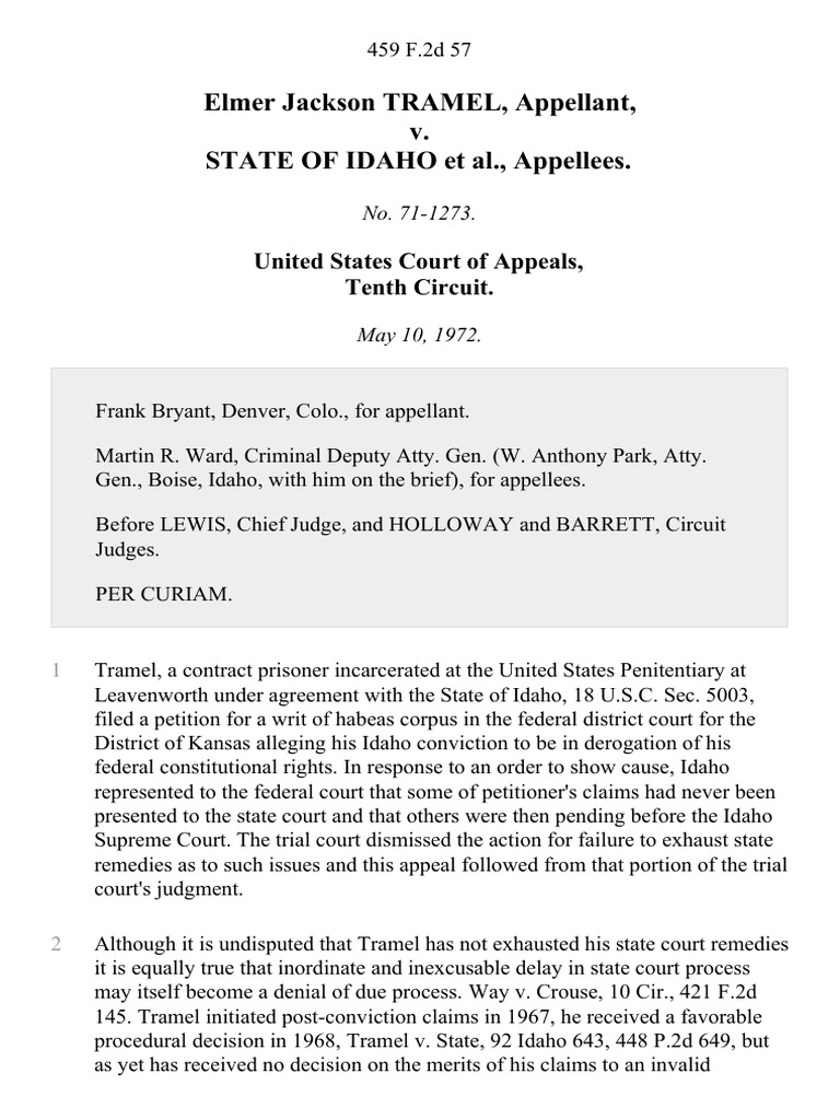 Elmer Jackson Tramel v. State of Idaho, 459 F.2d 57, 10th Cir. (1972) | PDF