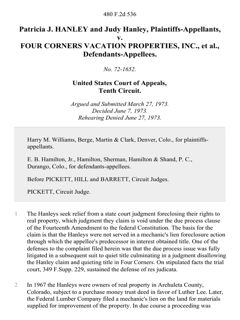 Patricia J. Hanley and Judy Hanley v. Four Corners Vacation Properties ...