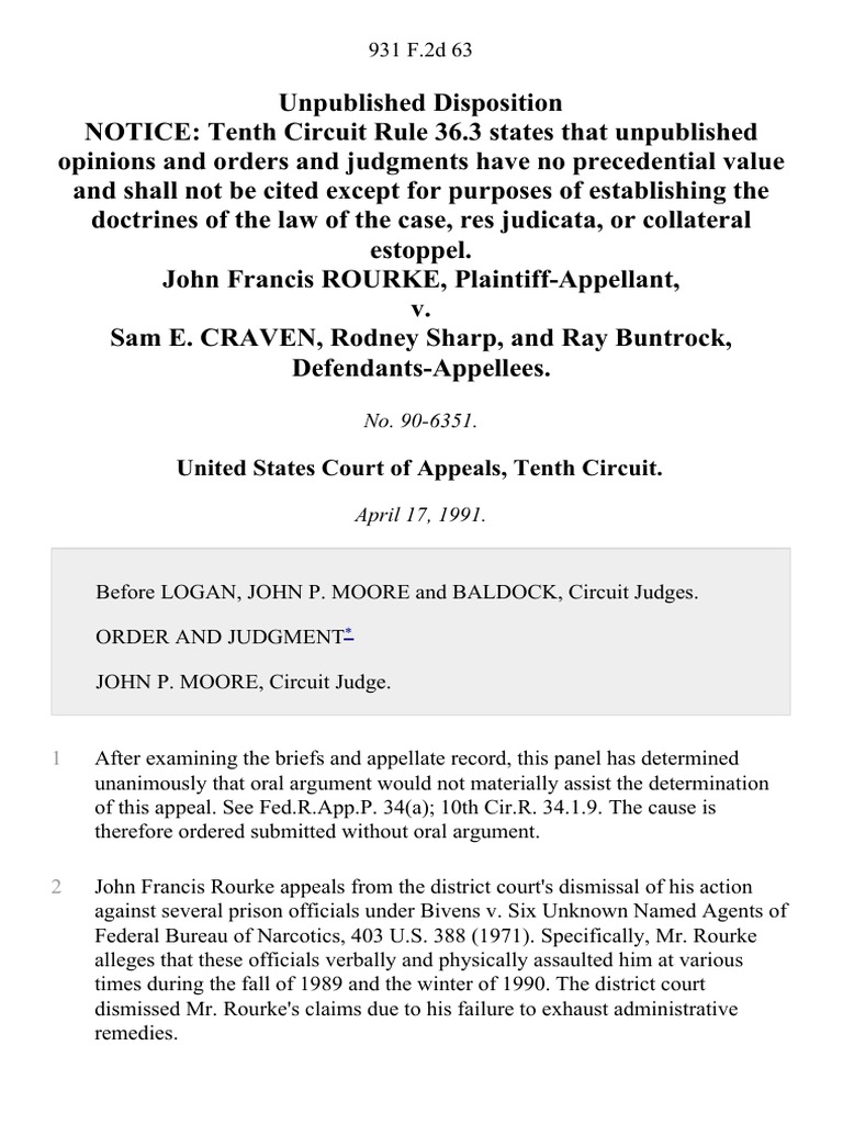 John Francis Rourke v. Sam E. Craven, Rodney Sharp, and Ray Buntrock, 931 F.2d 63, 10th Cir ...