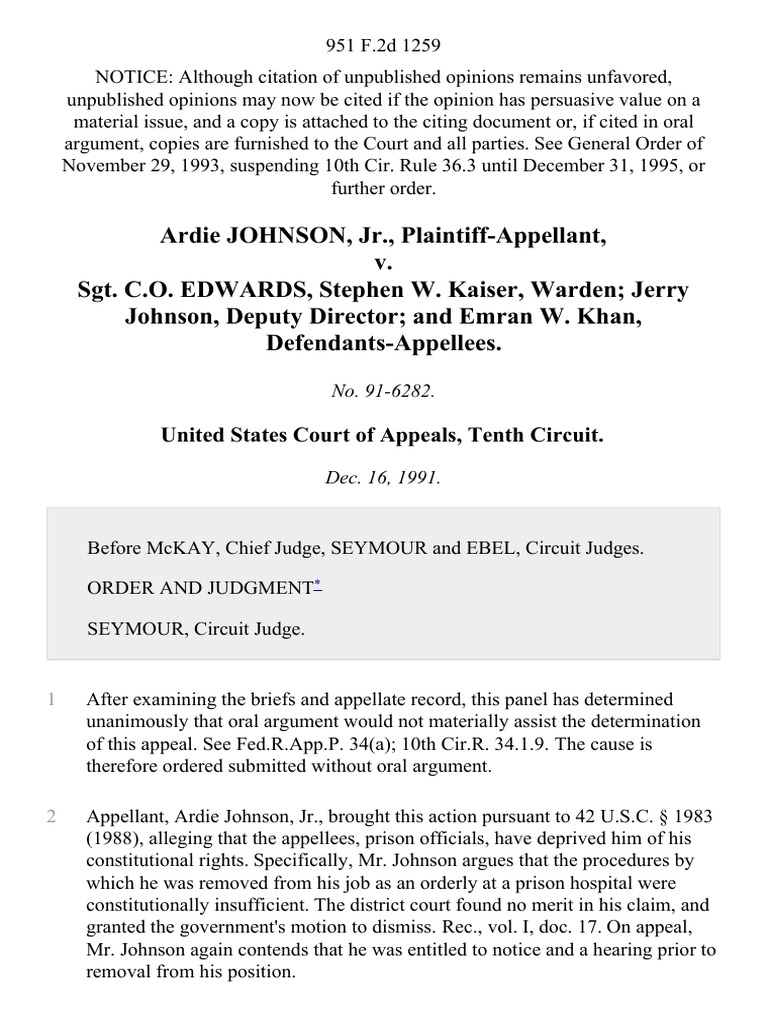 Ardie Johnson, Jr. v. Sgt. C.O. Edwards, Stephen W. Kaiser, Warden ...