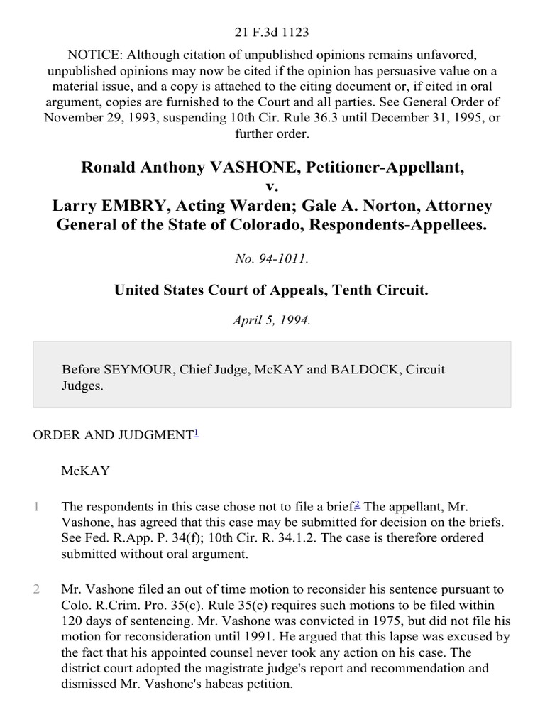 Ronald Anthony Vashone v. Larry Embry, Acting Warden Gale A. Norton ...