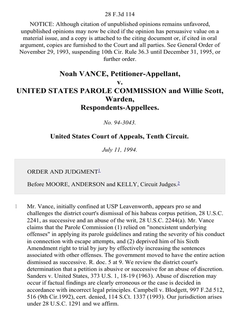 Noah Vance v. United States Parole Commission and Willie Scott, Warden ...