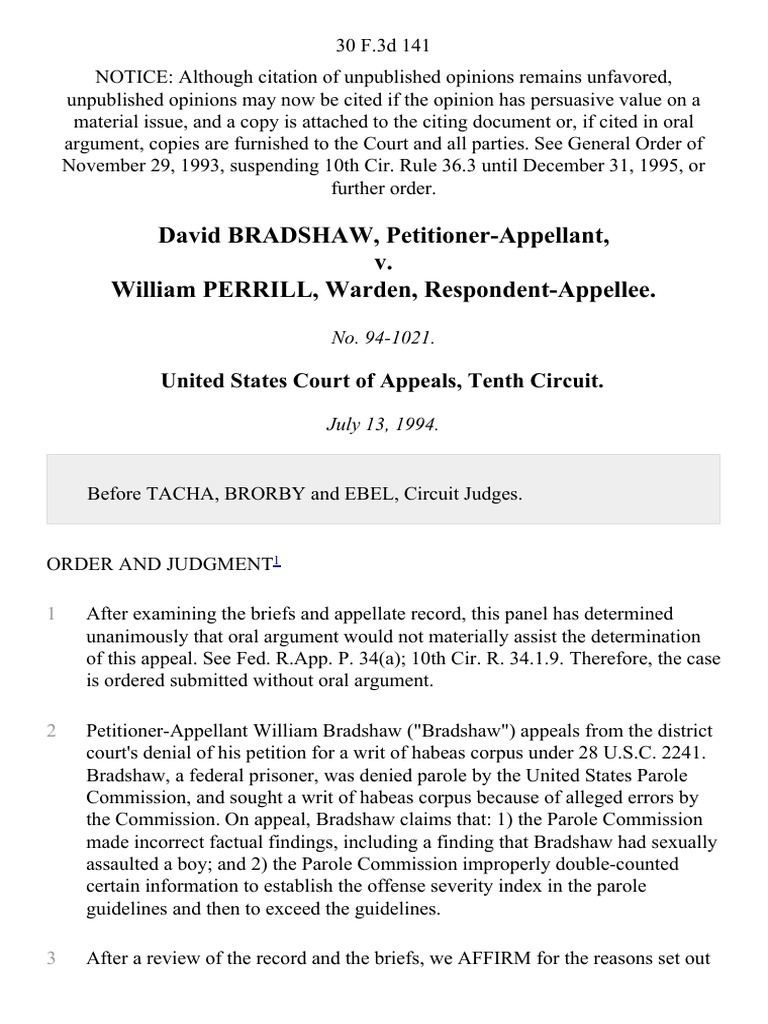 David Bradshaw v. William Perrill, Warden, 30 F.3d 141, 10th Cir. (1994 ...