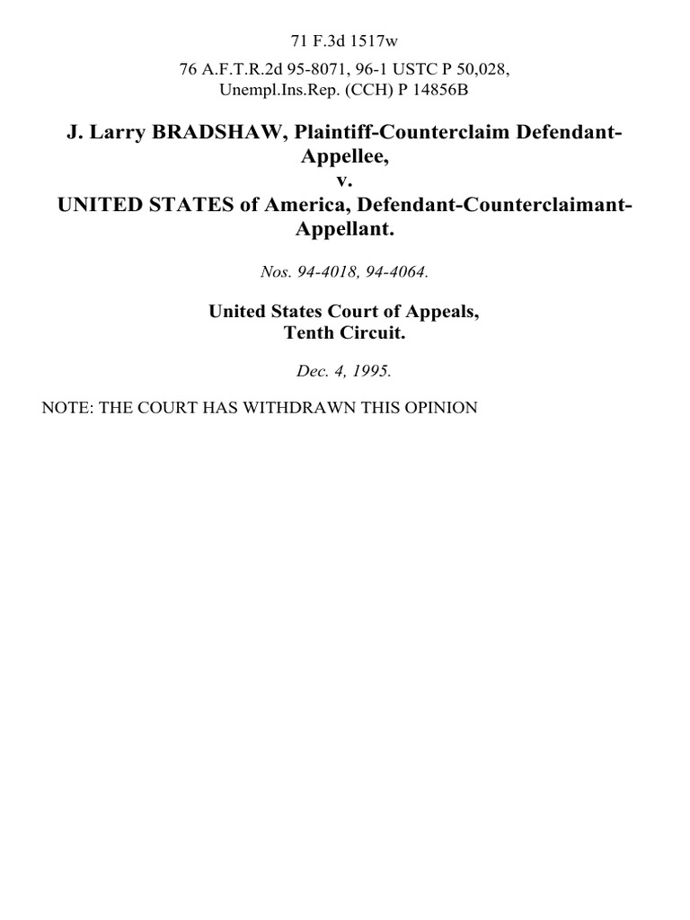 J. Larry Bradshaw, Plaintiff-Counterclaim v. United States of America ...