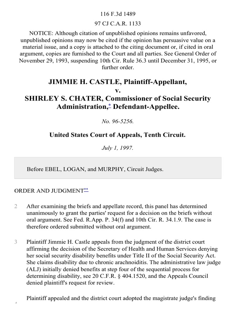 Jimmie H. Castle v. Shirley S. Chater, Commissioner of Social Security ...