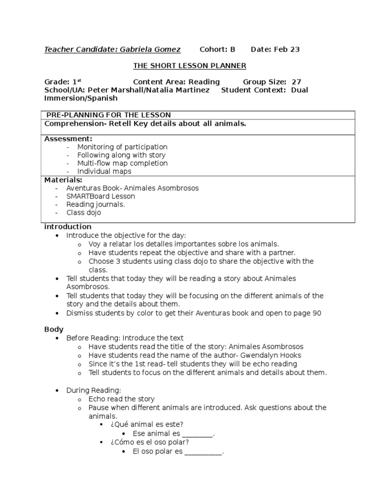 1st Grade Reading Lesson Plan: Animals | PDF | Cognition | Pedagogy