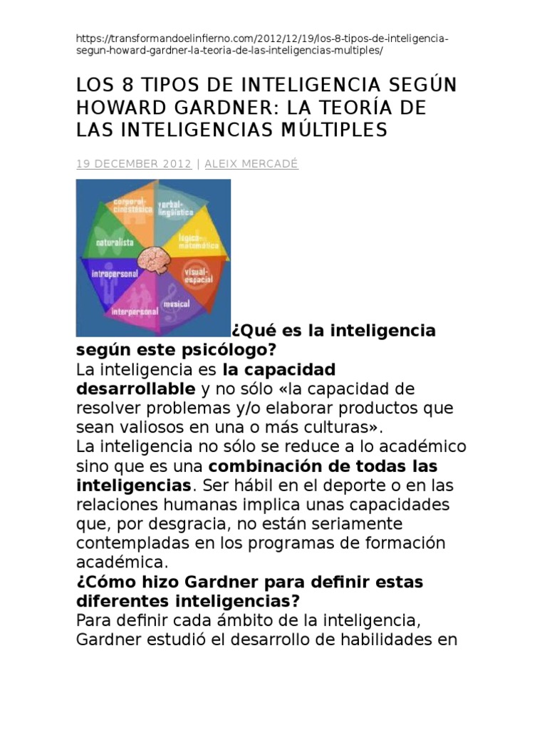 Los 8 Tipos de Inteligencia Según Howard Gardner | PDF | Hemisferio ...