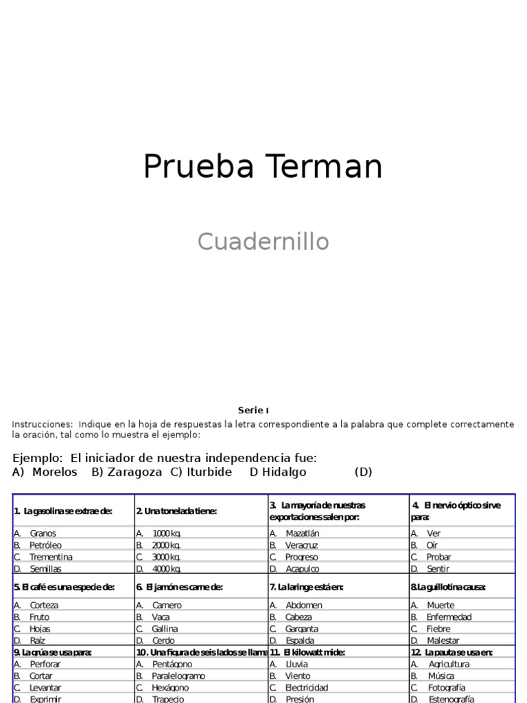 Prueba Terman | Descargar gratis PDF | Alimentos | Idiomas