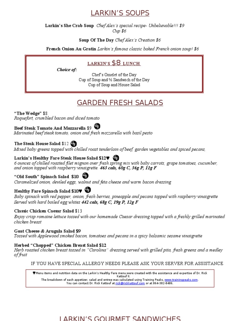 Larkin's Menu: Soups, Salads & Sandwiches | PDF | Salad | Food And ...