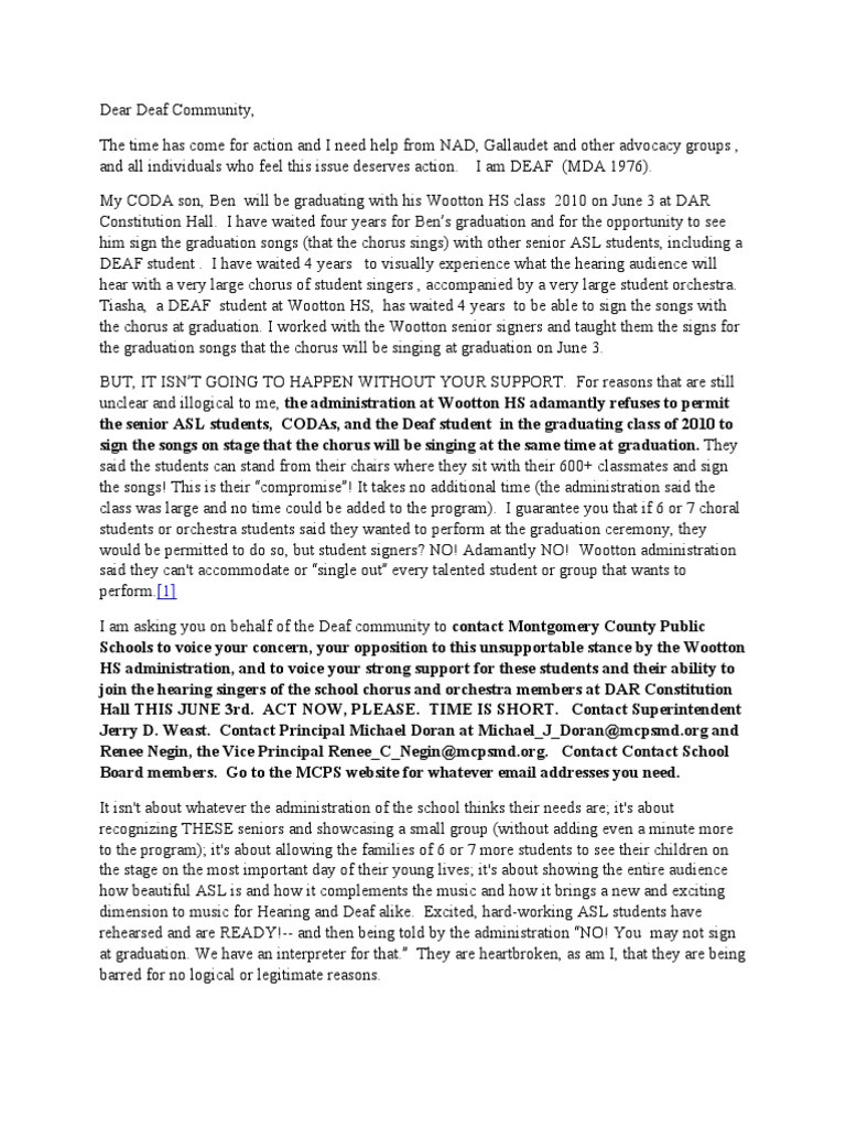 Letter On ASL at Wootton Graduation | PDF | American Sign Language ...