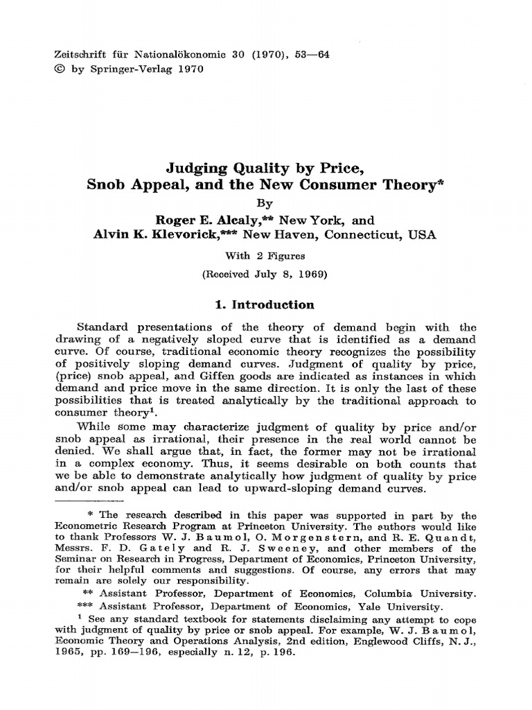 Alcaly and Klevorick 1970 Judging Quality by Price, Snob Appeal, and ...