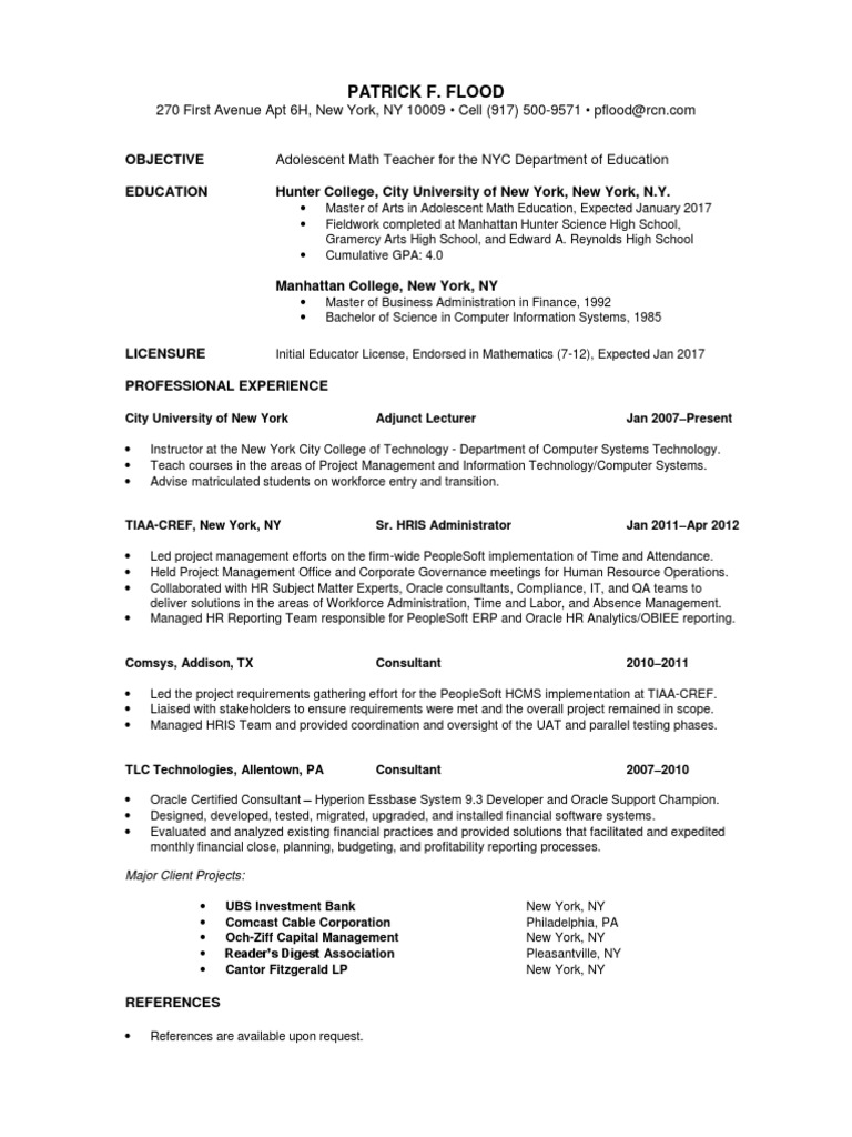 Resume - Patrick Flood - Cuny - July 2016 | PDF | Project Management ...