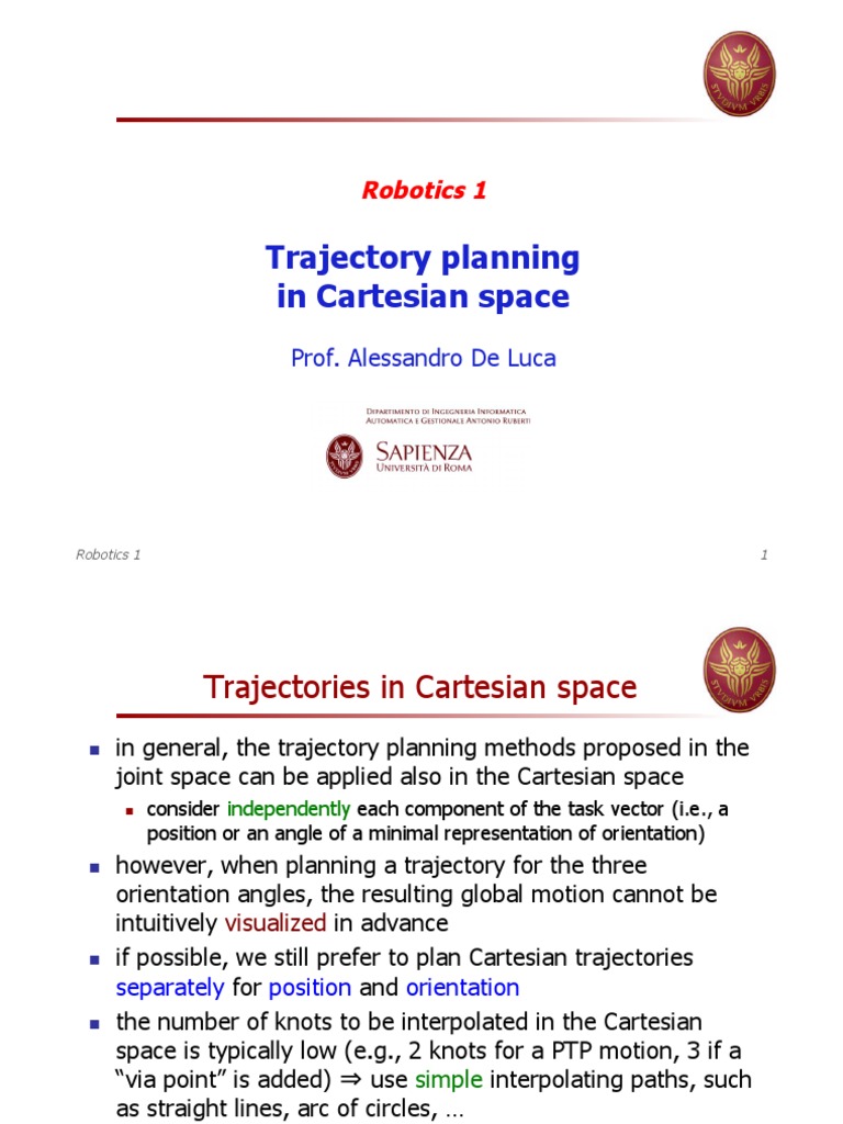 Trajectory Planning in Cartesian Space: Robotics 1 | PDF | Acceleration ...
