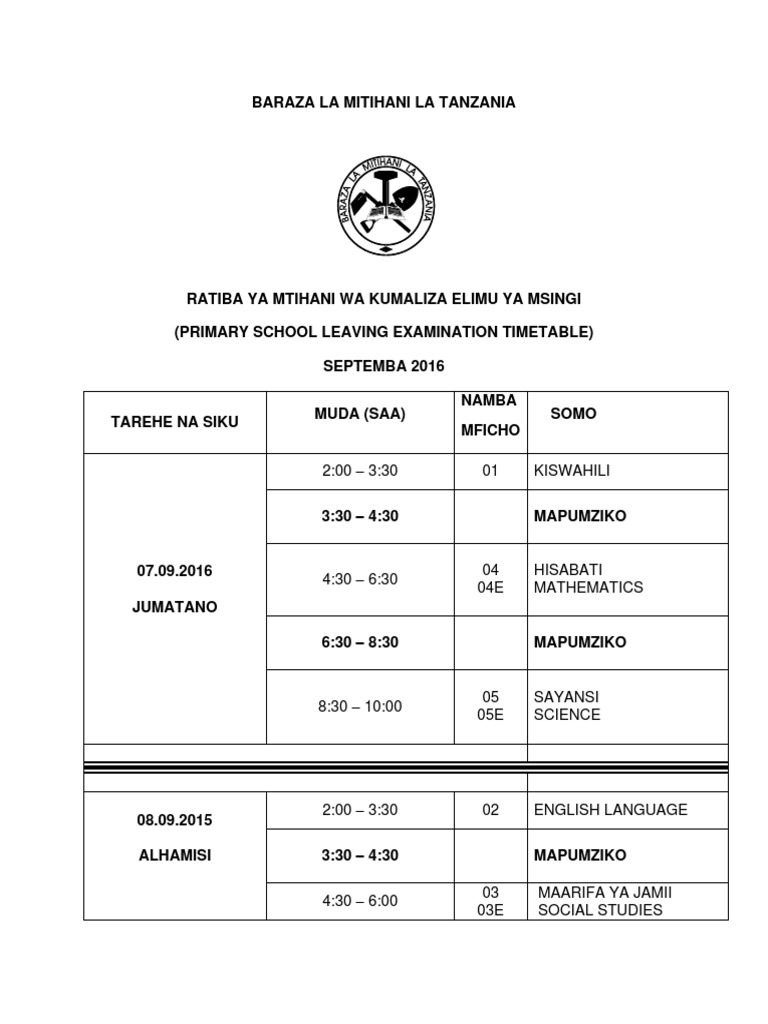 Psle 2016 Exam Timetable | PDF