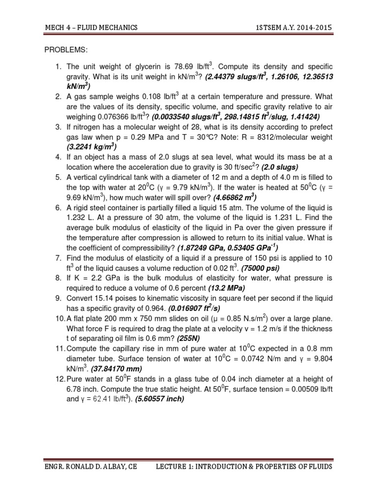 Fluid Mechanics Problem Set | PDF