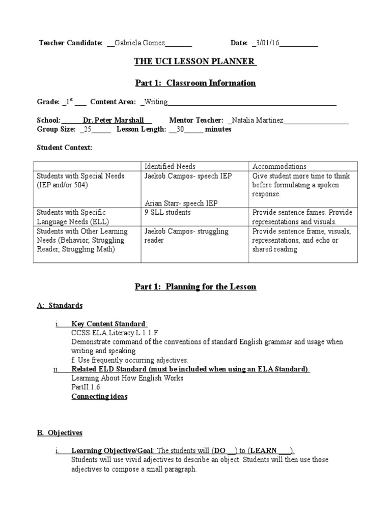 1st Grade Writing Lesson Plan: Adjectives | PDF | Individualized ...
