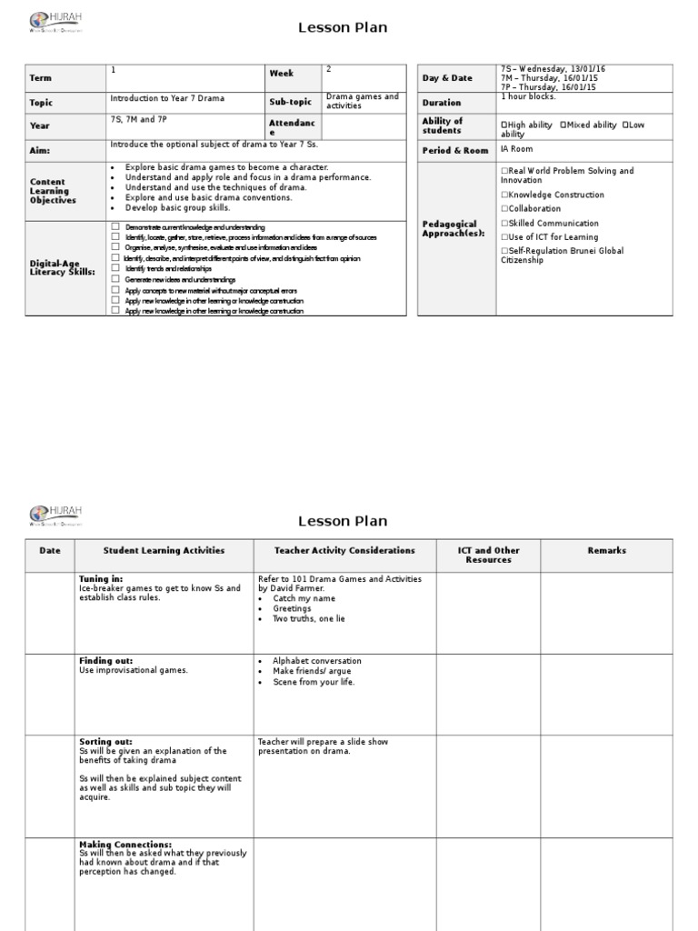 Year 7 Drama LP 2016 | PDF | Lesson Plan | Educational Technology