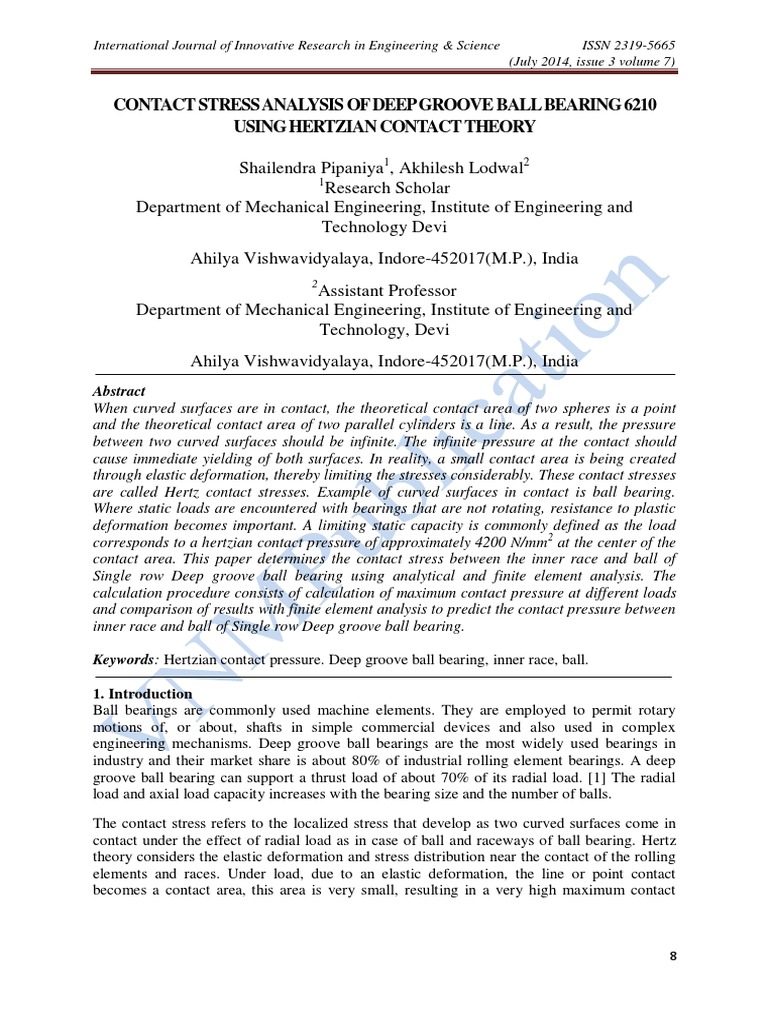Contact Stress Analysis of Deep Groove Ball Bearing 6210 Using Hertzian Contact Theory | PDF
