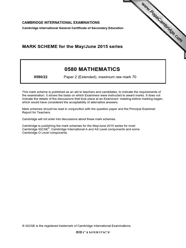 0580 Mathematics: MARK SCHEME For The May/June 2015 Series | PDF ...