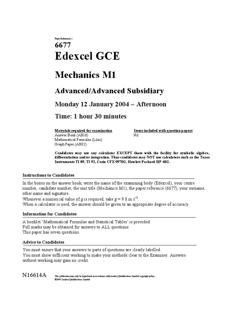 2004 Jan QP Edexcel Mechanics-1 6677 | PDF | Acceleration | Force