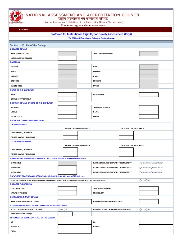Proforma Proforma For Institutional Eligibility For Quality Assessment ...