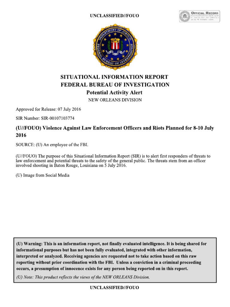 FOUO FBI SIR Planned Protests and Violence Against LE Louisiana 8 July ...