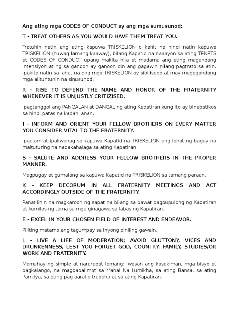 Ang Ating Mga CODES of CONDUCT Ay Ang Mga Sumusunod