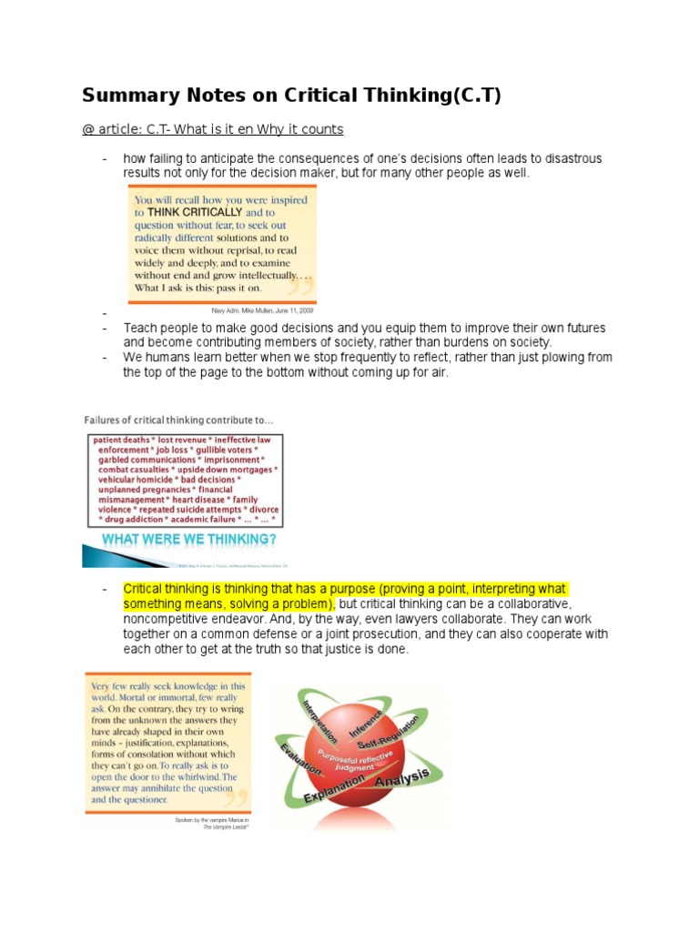Summary Notes On Critical Thinking | PDF | Critical Thinking | Argument
