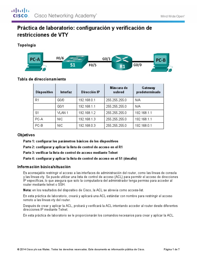9.2.3.4 Lab - Configuring and Verifying VTY Restrictions PDF | PDF | Enrutador (Computación ...