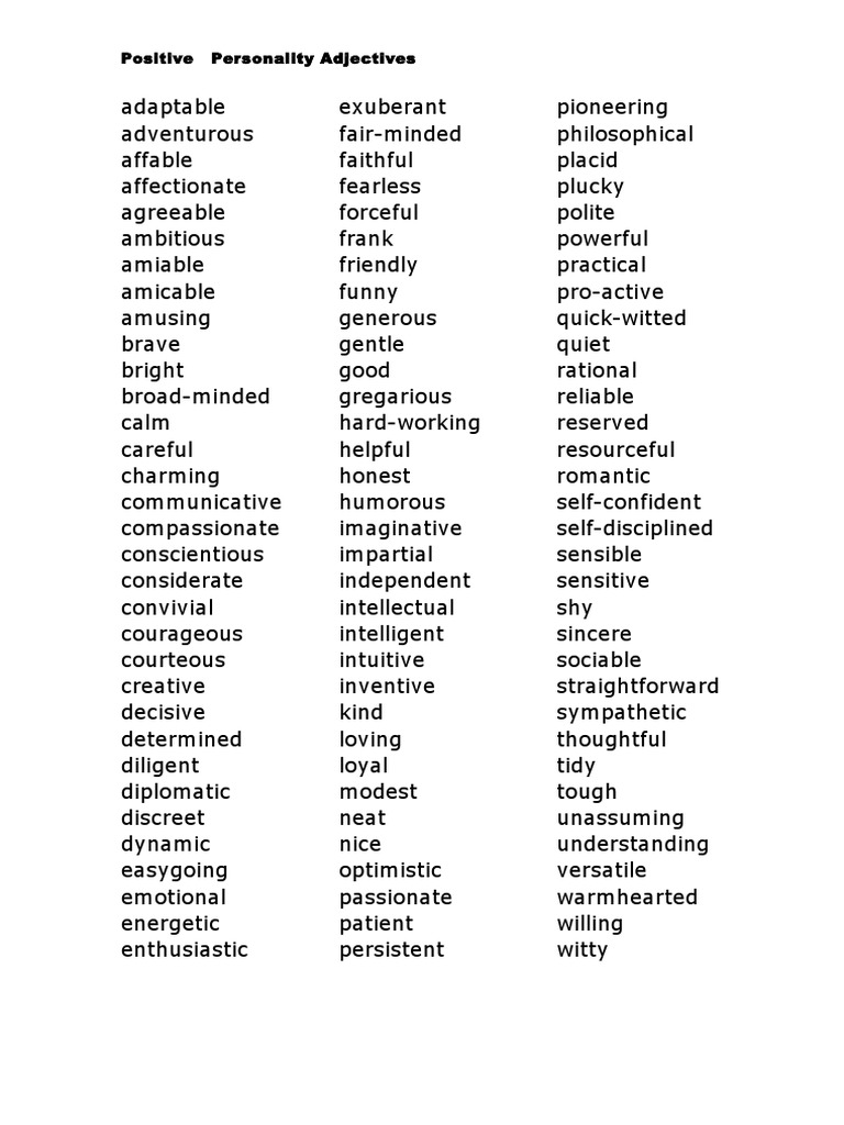 Positive Personality Adjectives | PDF