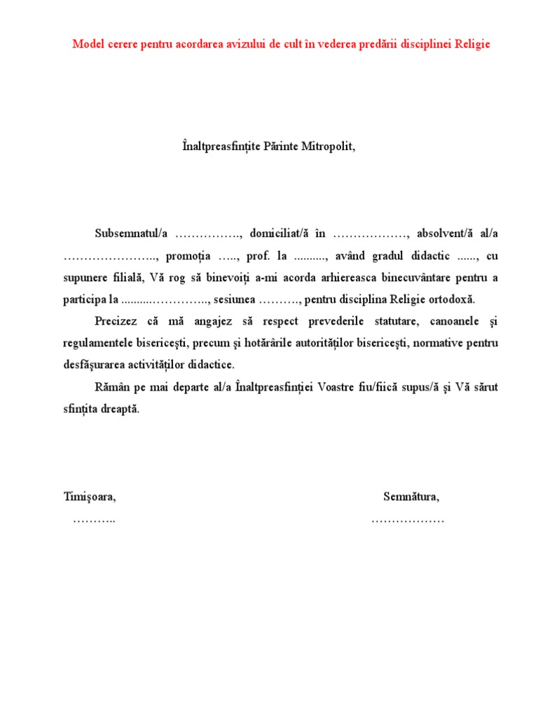 Model Cerere Binecuvantare Predare Religie | PDF