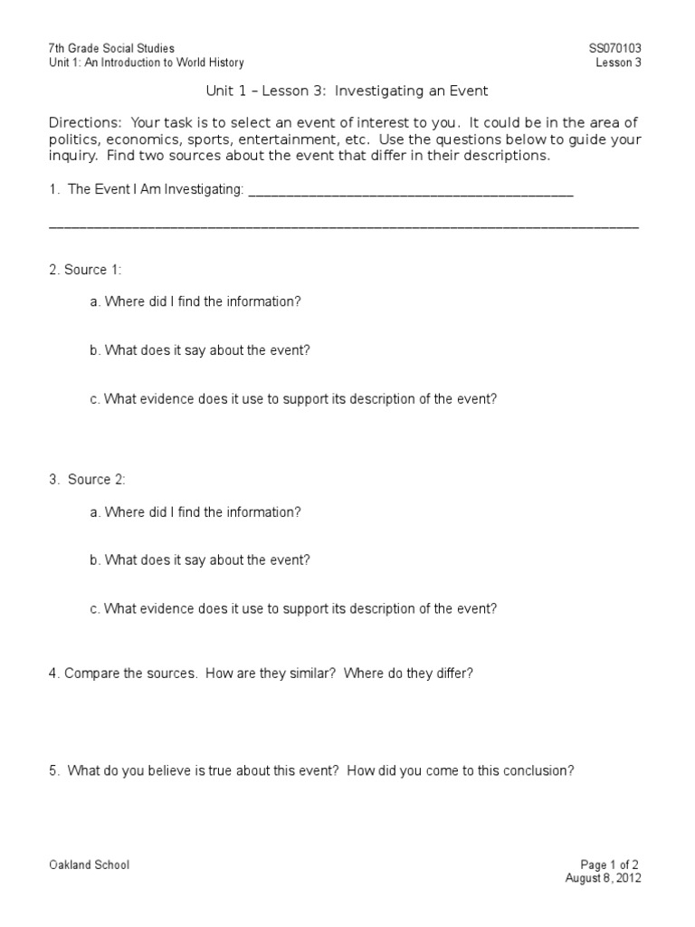 7th Grade Social Studies SS070103 Unit 1: An Introduction To World ...