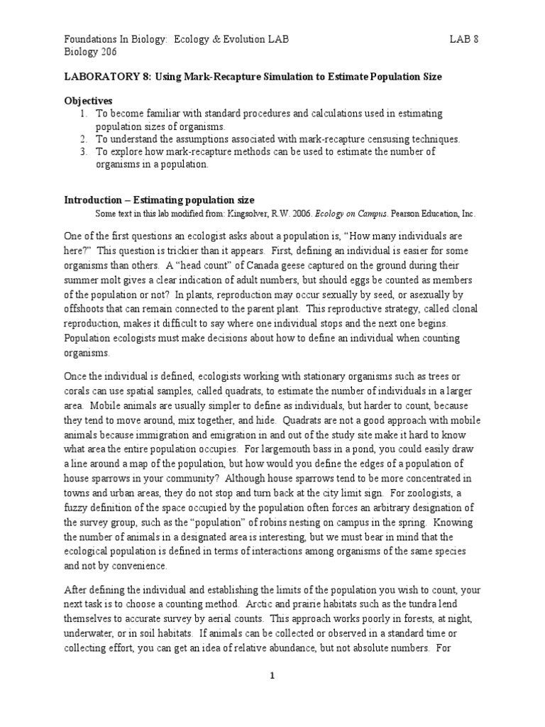 Lab 8 Mark-Recapture PDF | PDF | Confidence Interval | Science