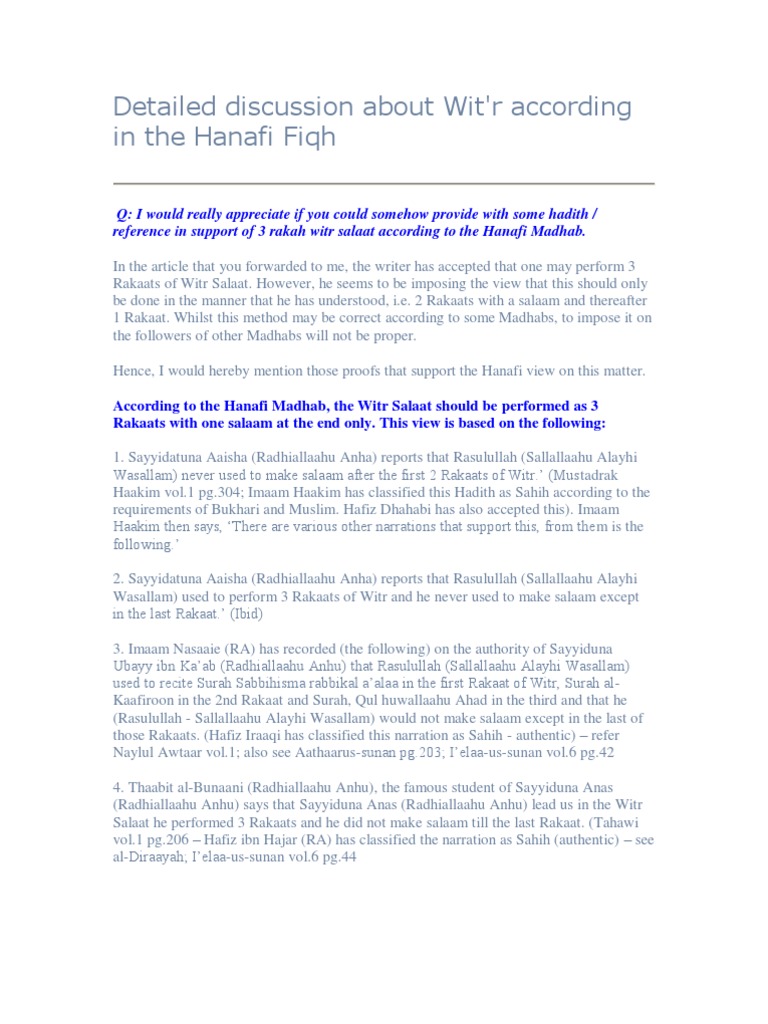 Hanafi Method of Witr Salah Explained | PDF | Islamic Ethics ...