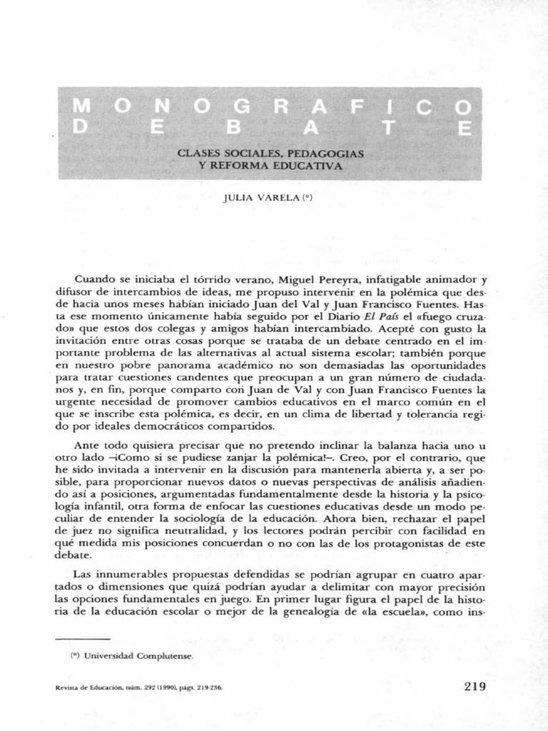 Clases Sociales, Pedagogìas y Reforma Educativa - Julia Varela | PDF | Clase media | Ideologías