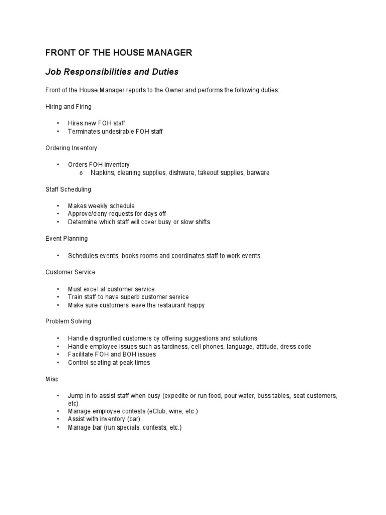 Front of House Manager Job Duties | PDF | Career & Growth