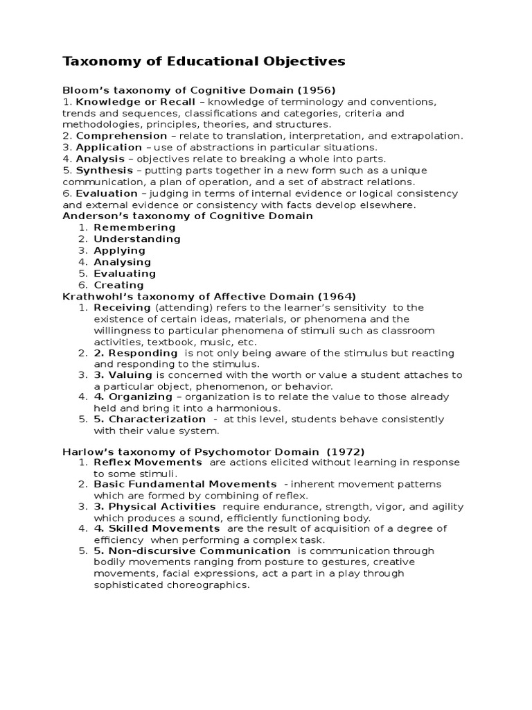 Taxonomy of Educational Objectives and Example Meaning | PDF