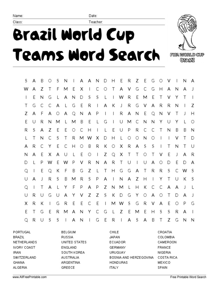 Brazil World Cup Wordsearch | PDF | Fifa Competitions | Association ...