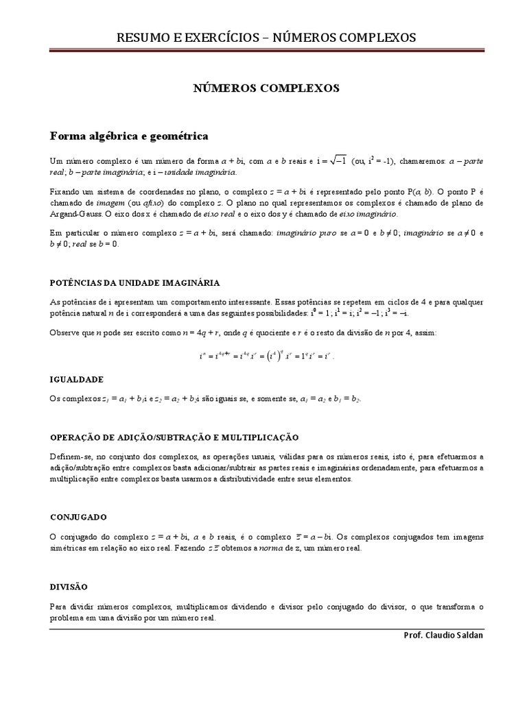 Resumo Teórico e Lista de Exercícios - Números Complexos PDF | PDF | Número complexo | Triângulo