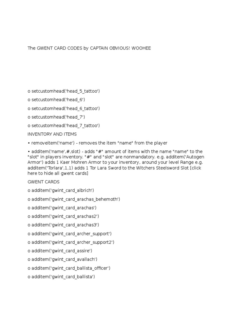 Gwent Card Commands for Witcher 3 | PDF