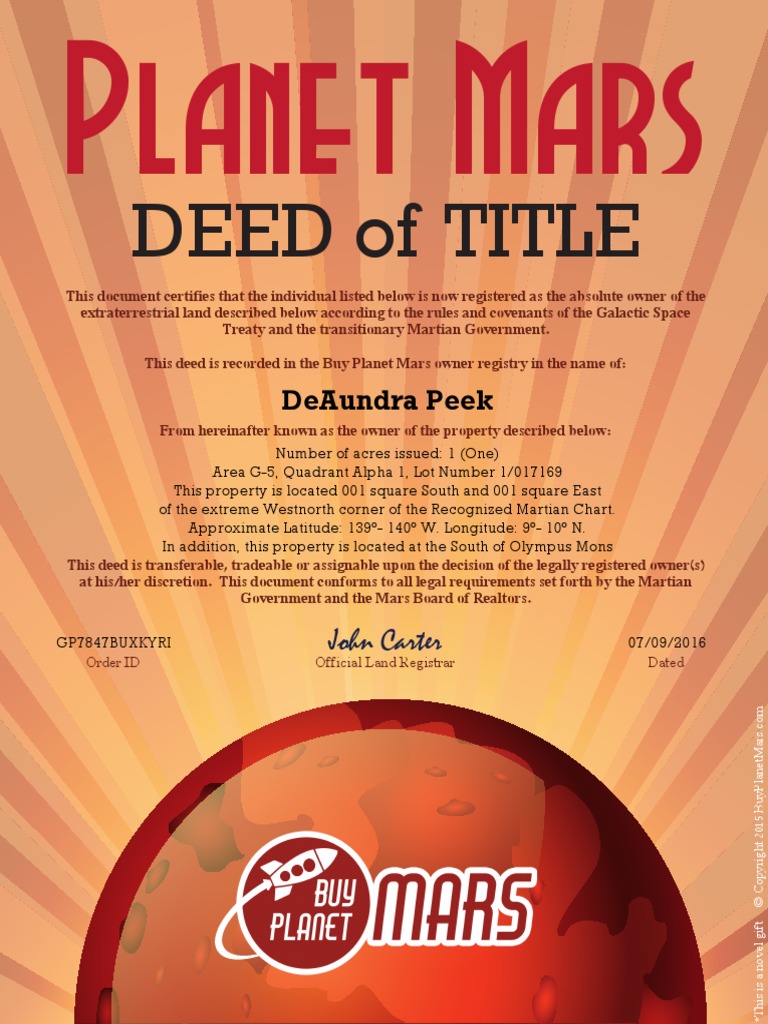 Martian Land Ownership Deed | PDF | Law | Science & Mathematics