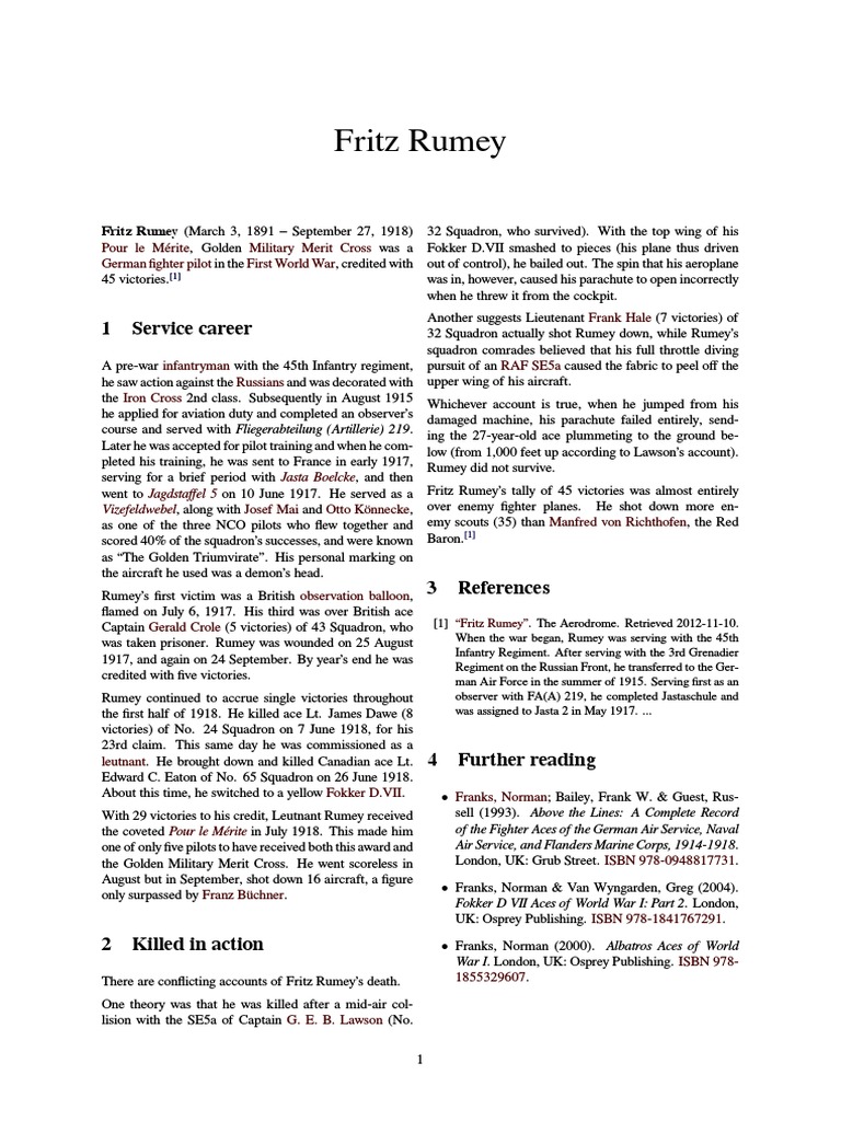 WW1 Ace - Fritz Rumey | PDF | Air Forces | Military Forces